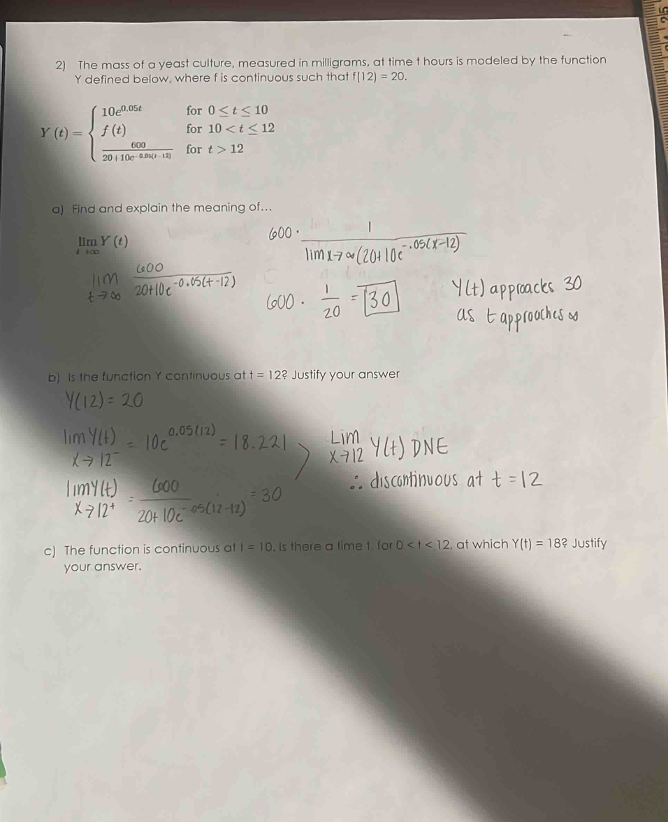 Solved: The mass of a yeast culture, measured in milligrams, at time t ...