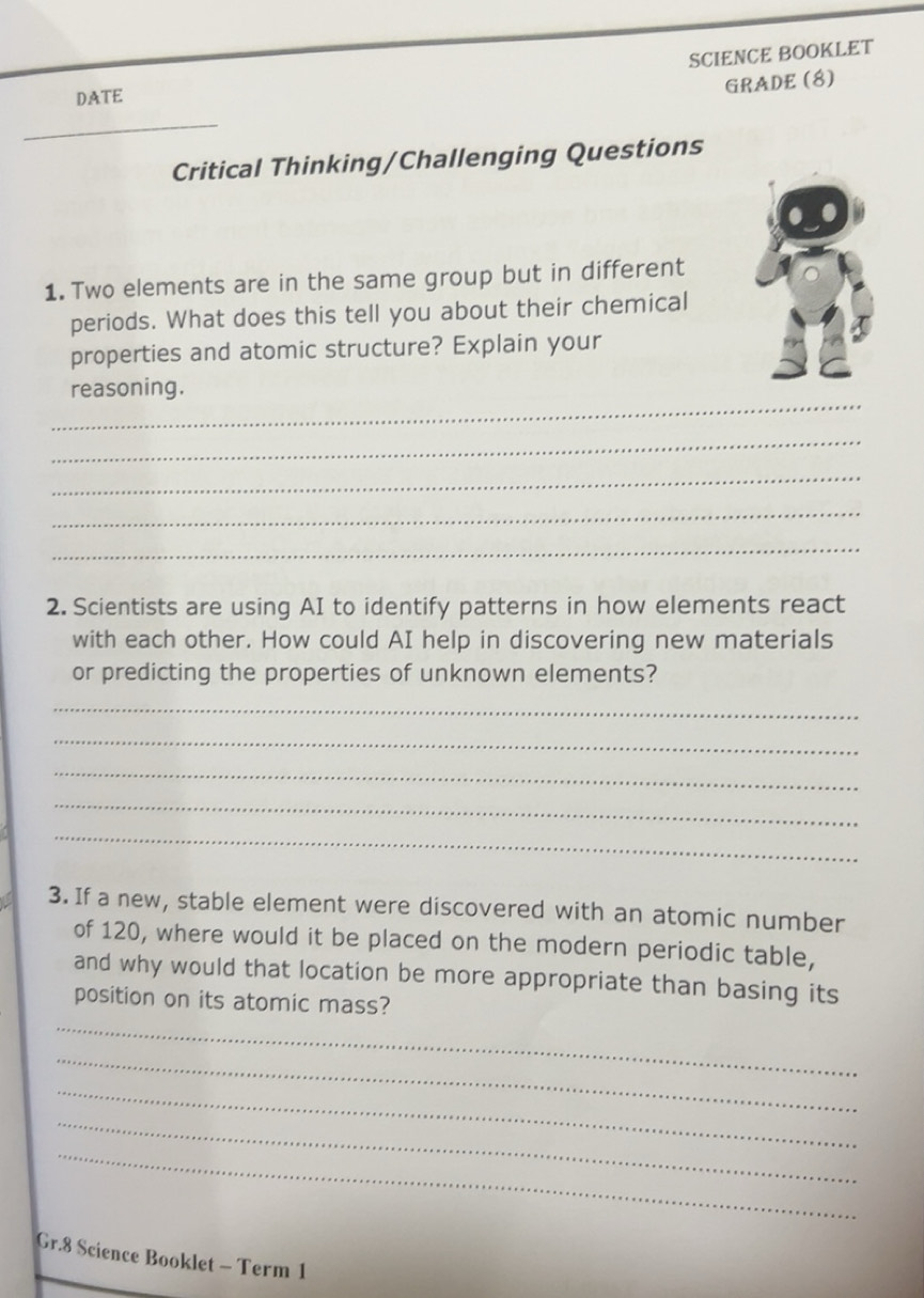 تم الحل:SCIENCE BOOKLET DATE GRADE (8) _ Critical Thinking/Challenging ...