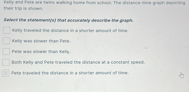 Solved: Kelly and Pete are twins walking home from school. The distance ...