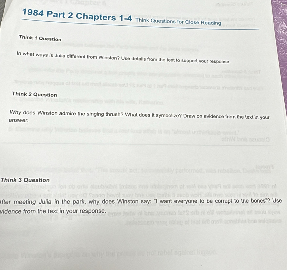 Solved: 1984 Part 2 Chapters 1-4 Think Questions for Close Reading ...