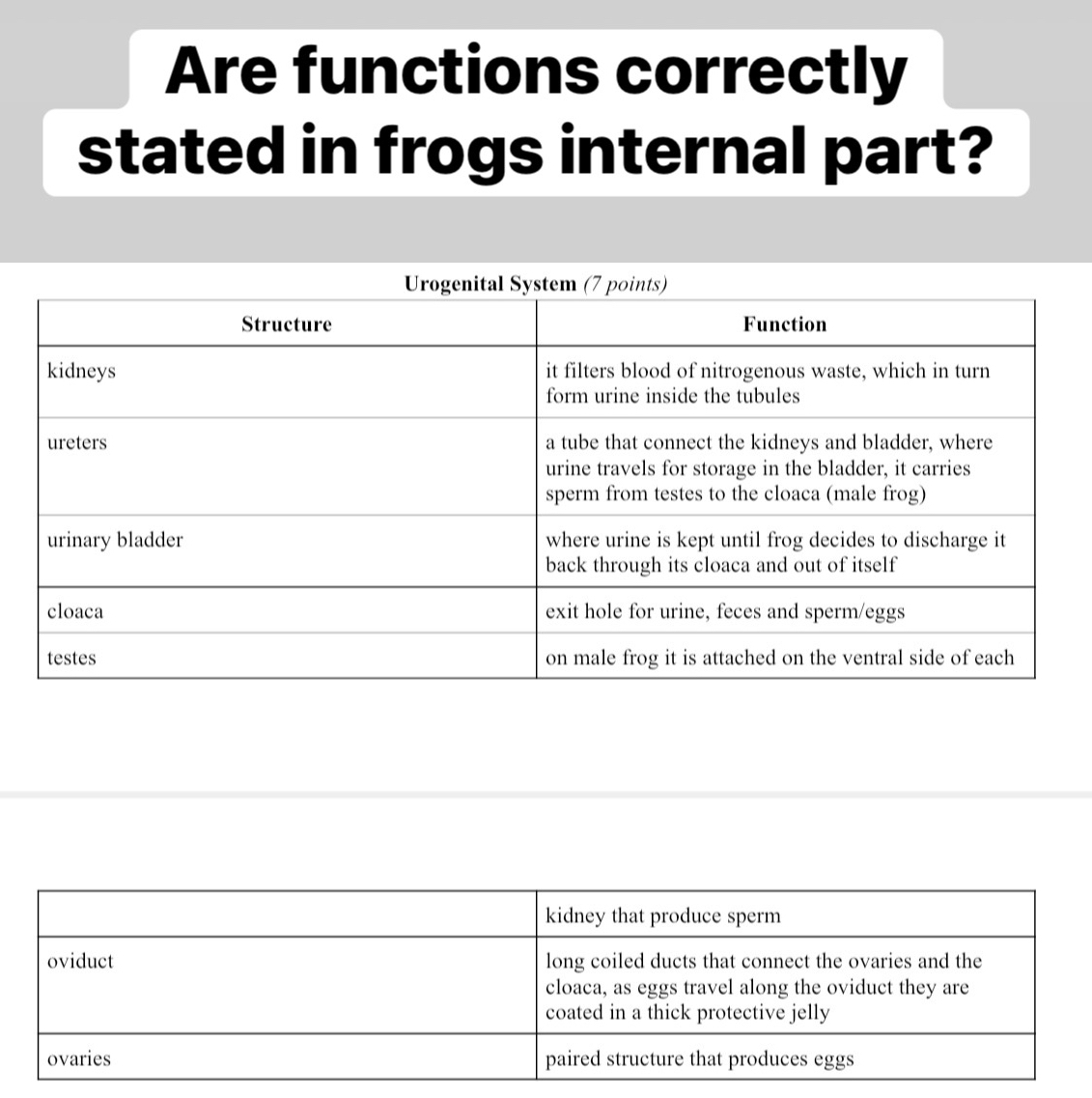 Solved: Are functions correctly stated in frogs internal part? [Biology]