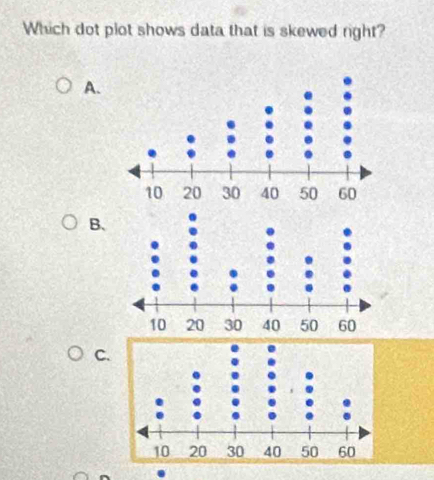 Solved: Which dot plot shows data that is skewed right? A. B、 C ...