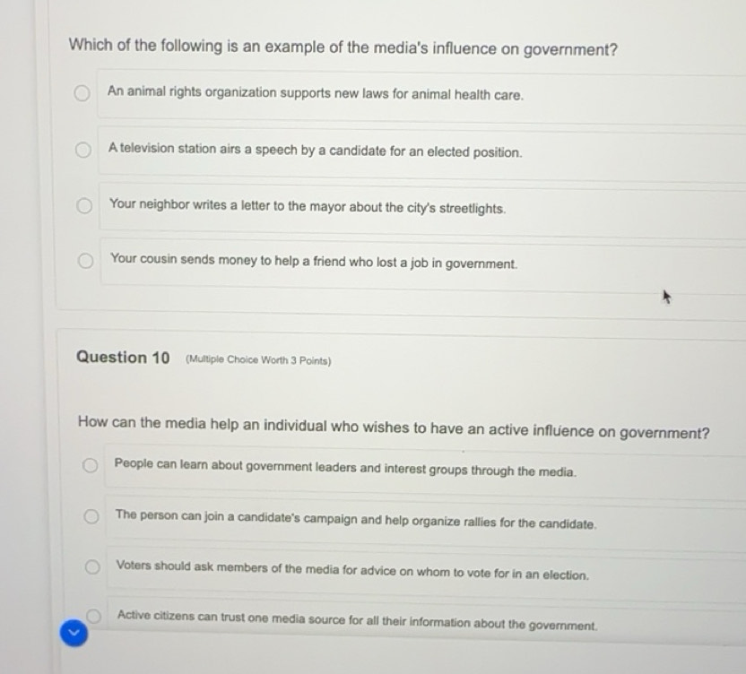 Solved: Which of the following is an example of the media's influence ...