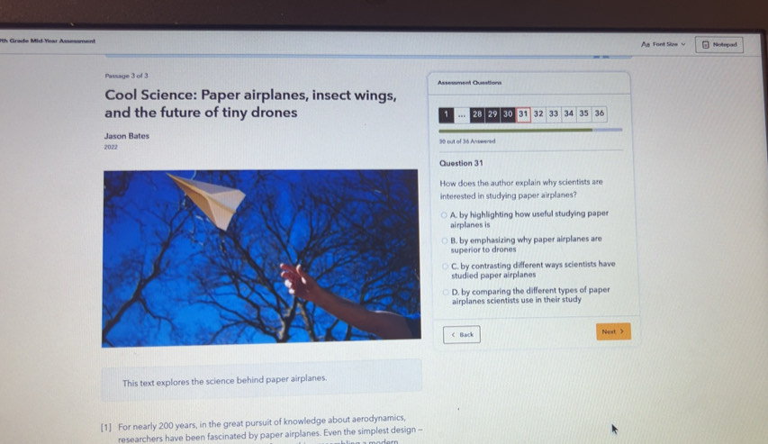 Solved: Ith Grade Mid-Year Assessment Ag Font Sitze √ Notepad Passage 3 ...