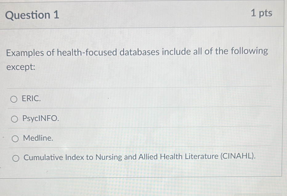 Solved: Examples of health-focused databases include all of the ...