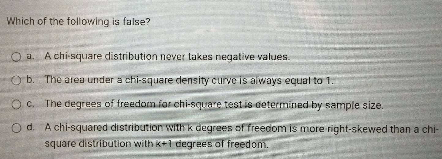 Solved: Which of the following is false? a. A chi-square distribution ...