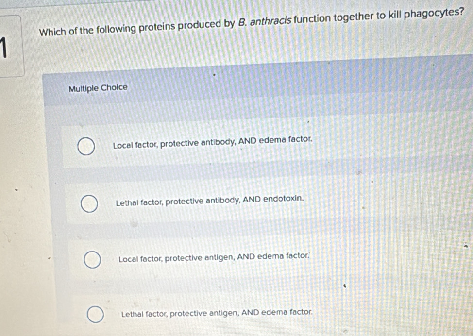 Solved: Which of the following proteins produced by B. anthracis ...