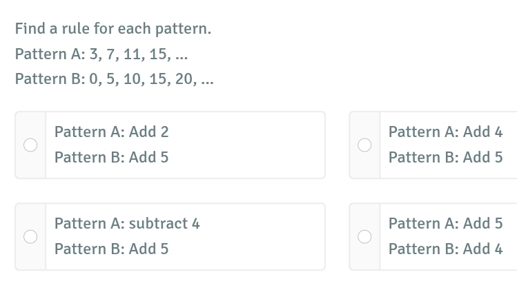 Gelöst:Find a rule for each pattern. Pattern A: 3, 7, 11, 15 ...