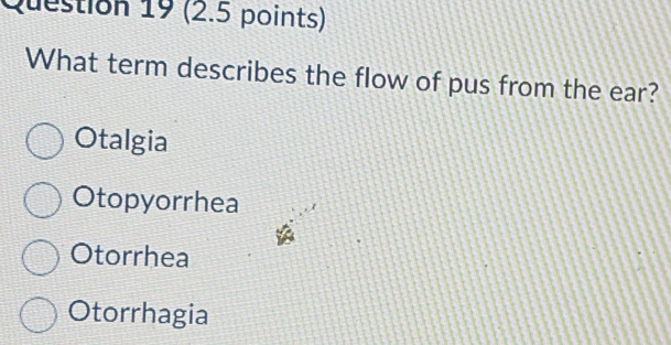 Solved: What term describes the flow of pus from the ear? Otalgia ...