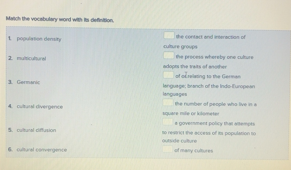 Solved: Match the vocabulary word with its definition. 1. population ...