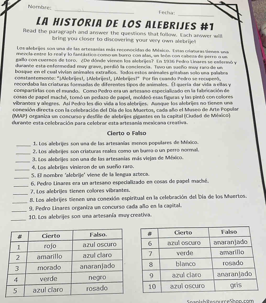 Nombre: _ _ Fecha: la Historia de Los alebrijes #1 Read the paragraph ...