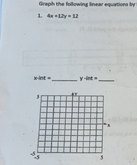Solved: Graph the following linear equations by 1. 4x+12y=12 x-int= _ y ...