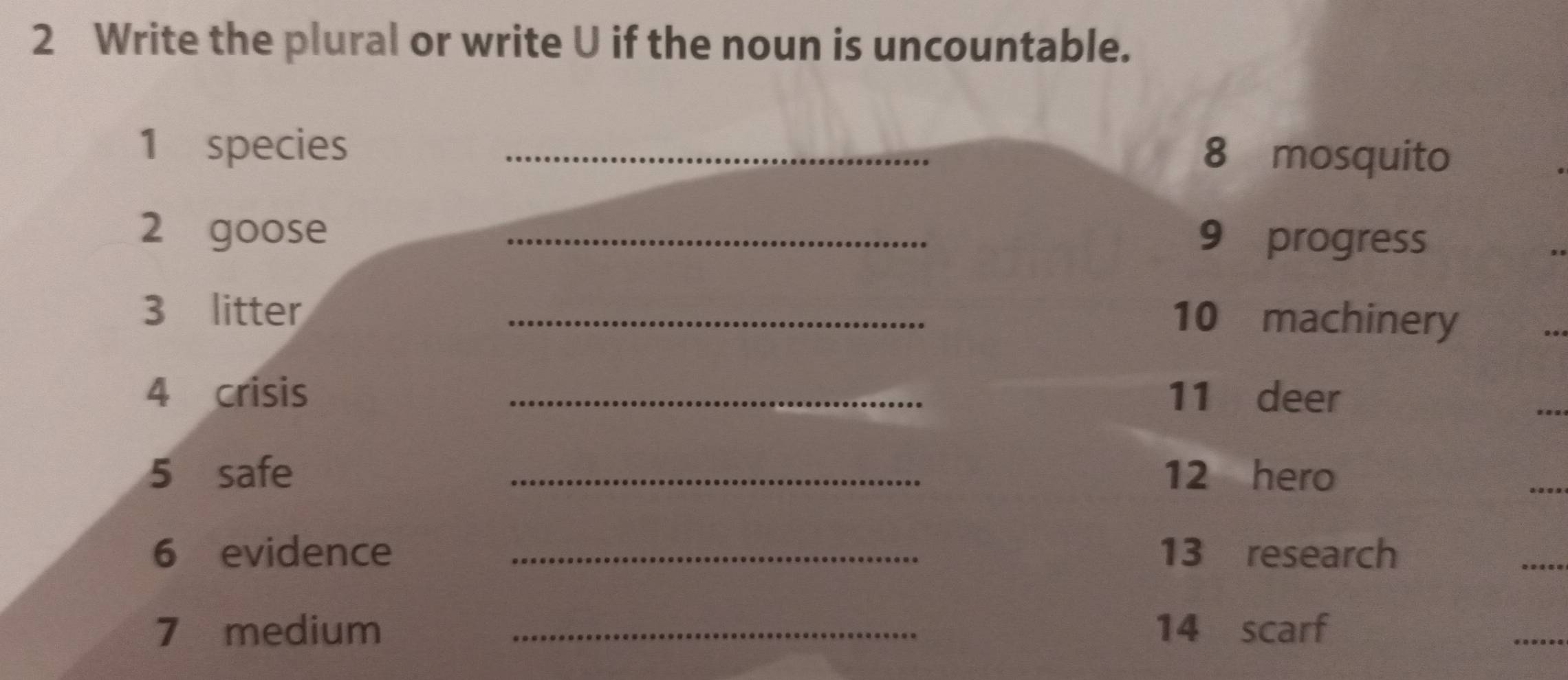 Solved: Write the plural or write U if the noun is uncountable. 1 ...