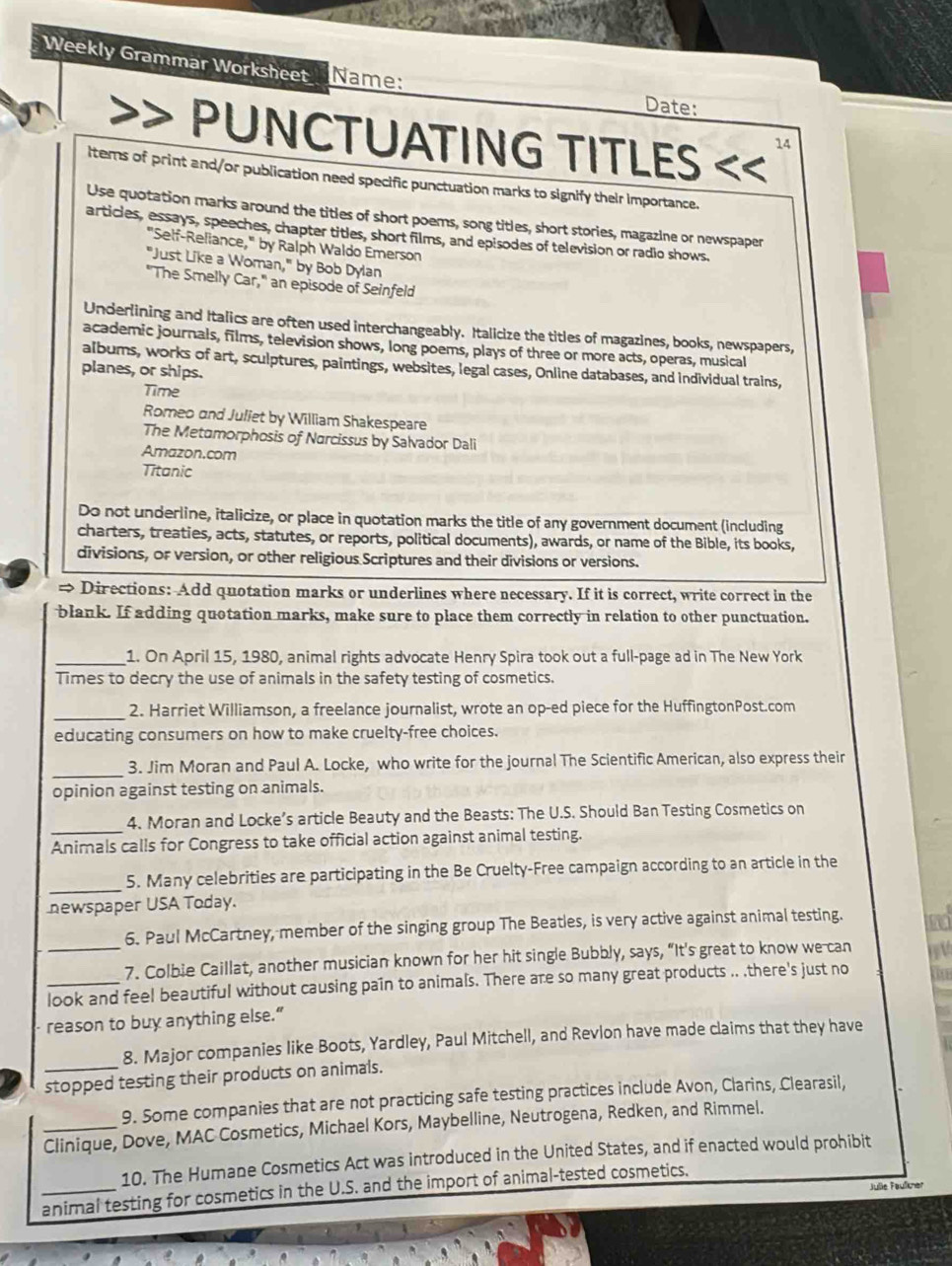Solved: Weekly Grammar Worksheet Name: Date: PUNCTUATING TITLES 14 ...