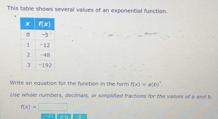 Solved: This table shows several values of an exponential function. x f ...