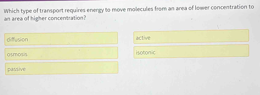 Solved: Which type of transport requires energy to move molecules from ...