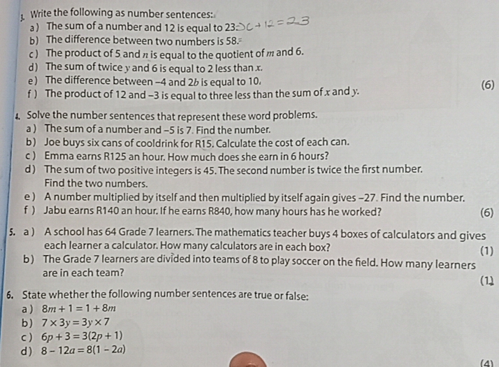 Solved: Write the following as number sentences: a) The sum of a number ...