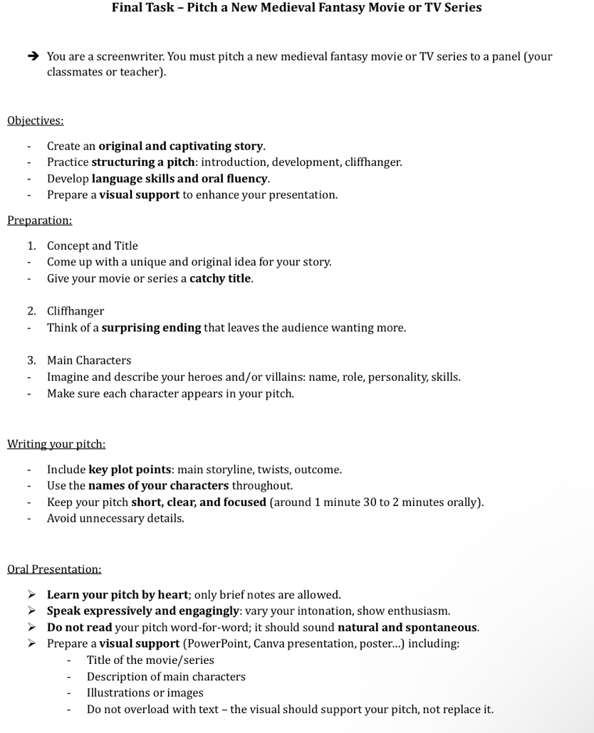 Résolu :Final Task - Pitch a New Medieval Fantasy Movie or TV Series ...