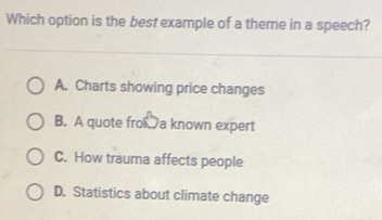 Solved: Which option is the best example of a theme in a speech? A ...