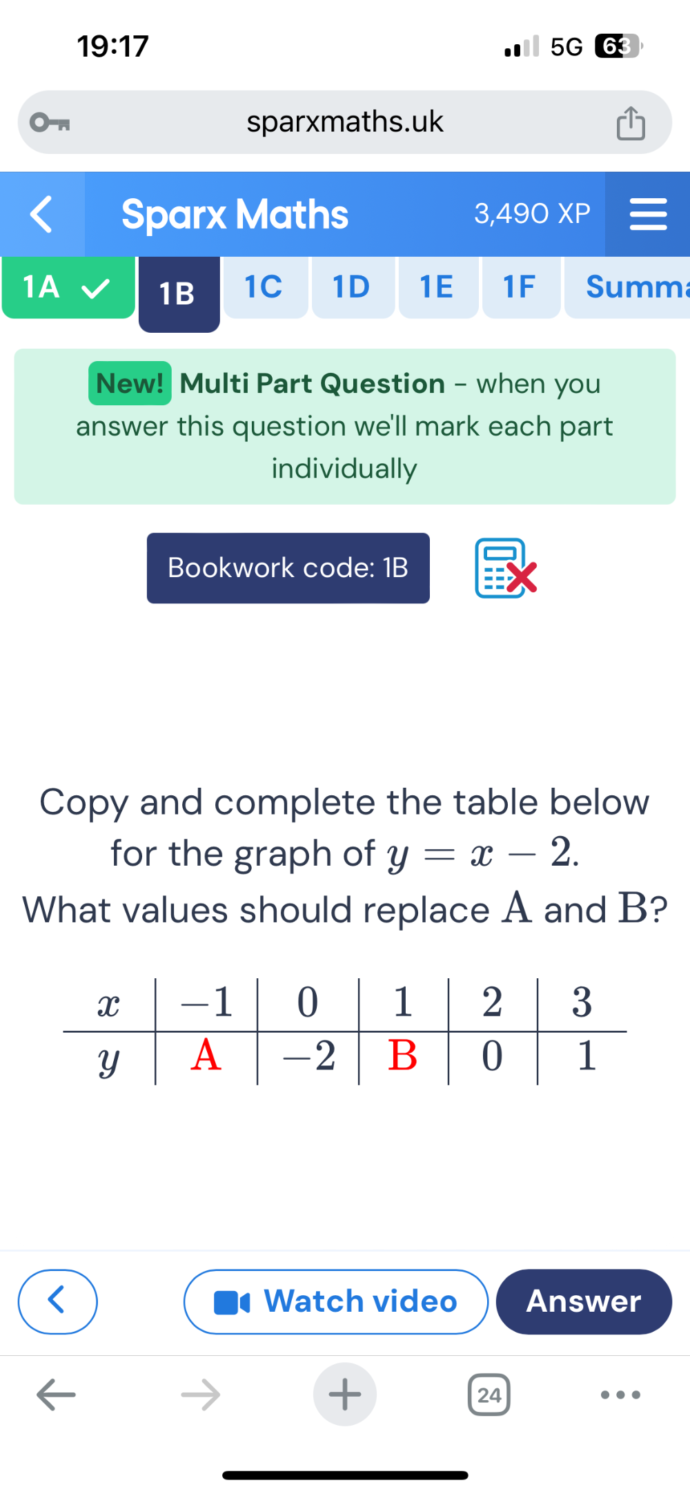 Solved: 19:17 5G 63 sparxmaths.uk Sparx Maths 3,490XP 1A Summ 1B 1C 1D ...