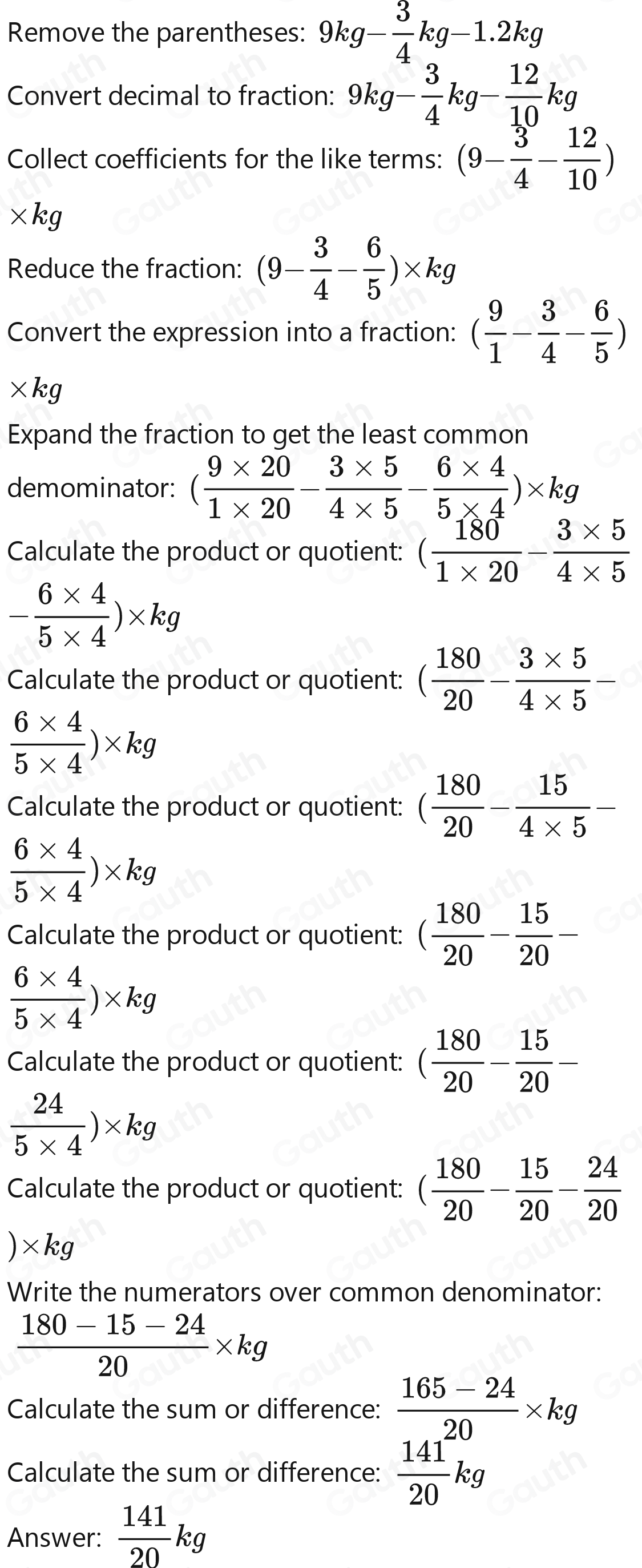 Solved: 9kg-( 3/4 kg+1.2kg) [Math]