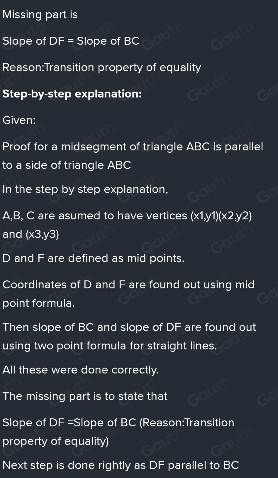 Solved: Given: ΔABC Prove: A midsegment of ΔABC is parallel to a side of ABC. 1 2 3 4 5 6 7. 8 9 ...