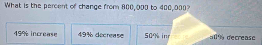 Solved: What is the percent of change from 800,000 to 400,000? 49% ...