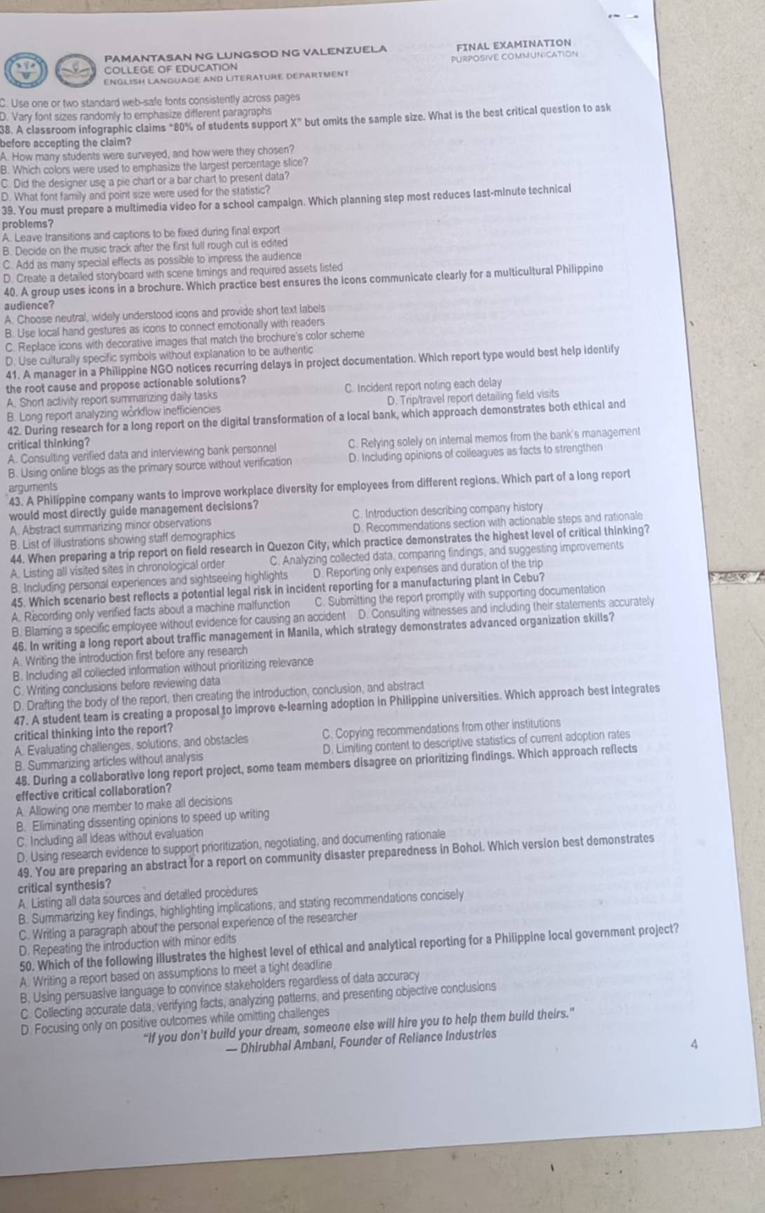Solved: PAMANTASAN NG LUNGSOD NG VALENZUELA FINAL EXAMINATION COLLEGE ...