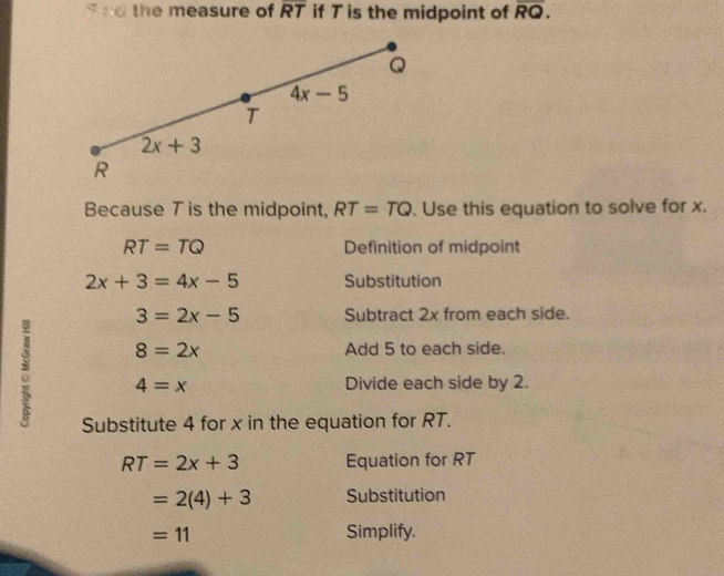 Solved: the measure of overline RT if T is the midpoint of overline RQ ...