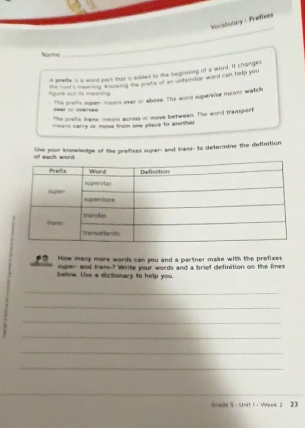 Solved: Vocabulary - Prefixes _ _ Name _ A prefix is a word part that as added to the beginni ...