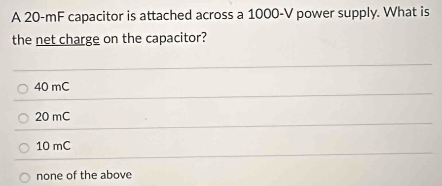Solved: A 20-mF capacitor is attached across a 1000-V power supply ...