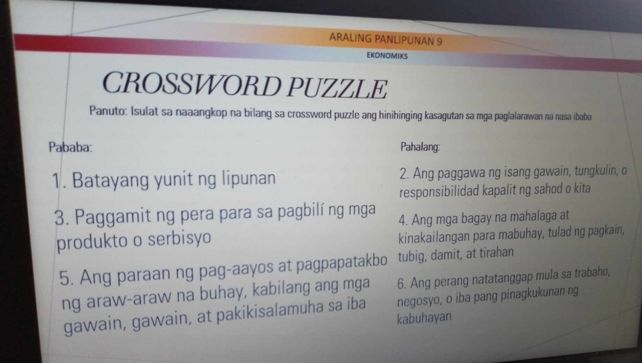 Solved: ARALING PANLIPUNAN 9 EKONOMIKS CROSSWORD PUZZLE Panuto: Isulat ...
