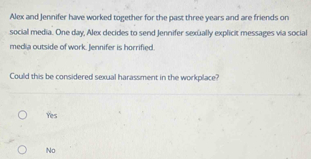 Solved: Alex and Jennifer have worked together for the past three years ...