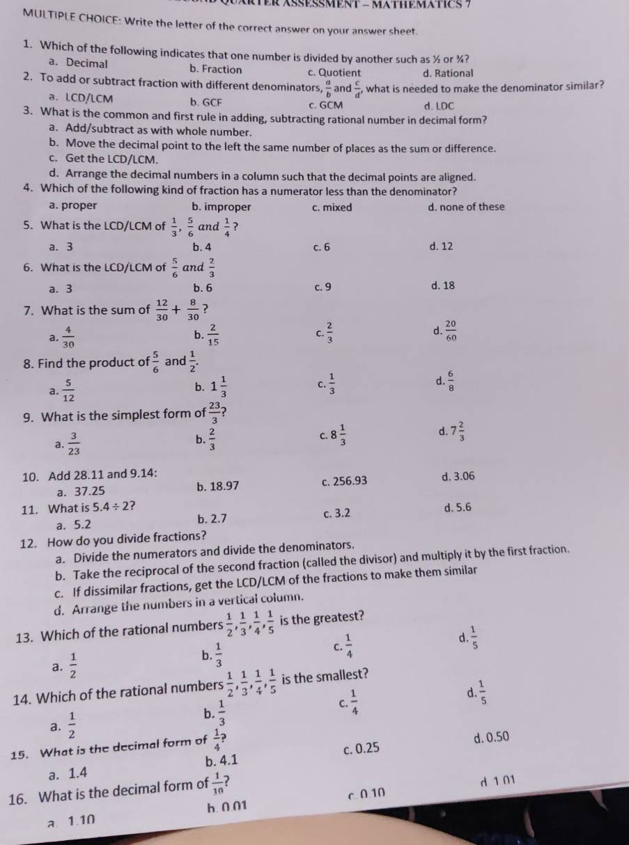 Solved: UARTER ASESMENT - MATHEMATCS 7 MULTIPLE CHOICE: Write the ...