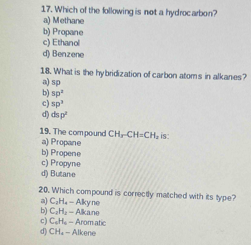 Solved: Which of the following is not a hydrocarbon? a) Methane b ...