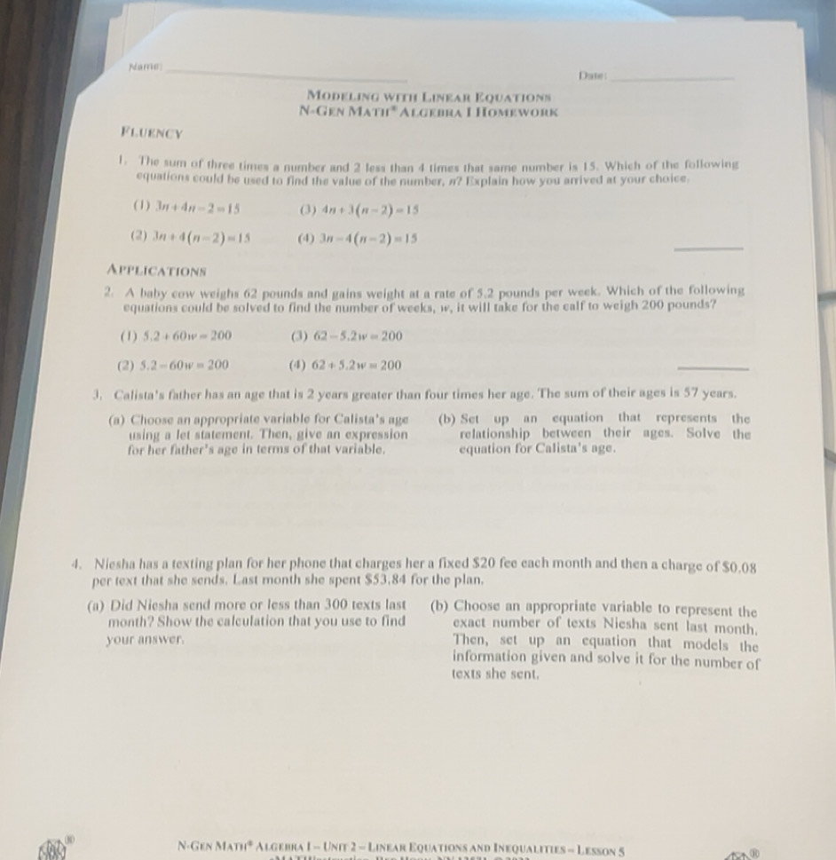 Solved: Name _Date:_ Modeling with Linear Equations N-Gen Math* Algebra ...