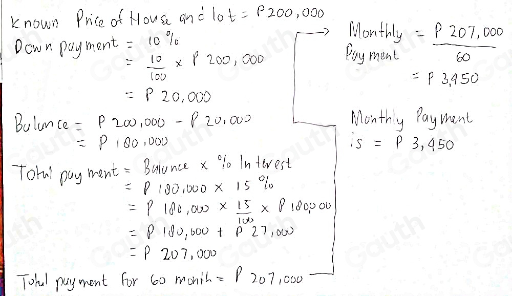 Solved: A man paid 10% downpayment of P200,000 for a house and lot and ...