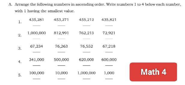 Solved: Arrange the following numbers in ascending order. Write numbers 1 to 4 below each number ...