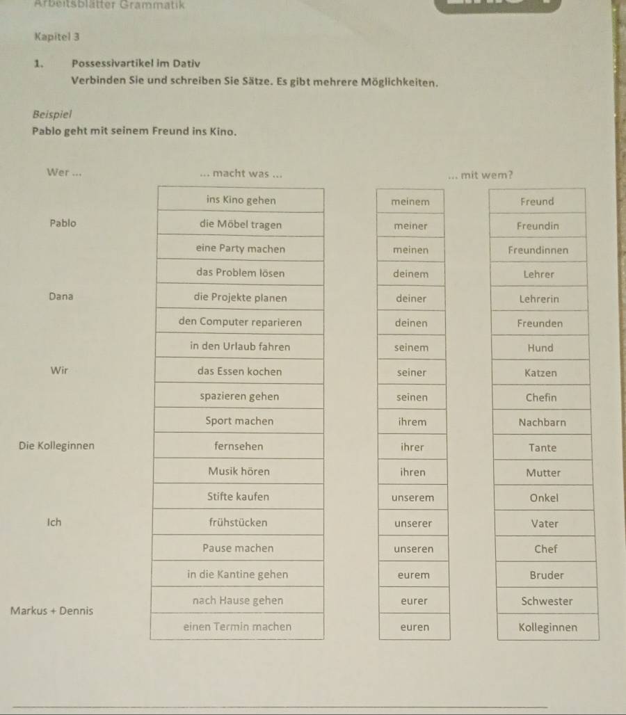 Gelöst:Arbeitsblätter Grammatik Kapitel 3 1. m Possessivartikel im ...