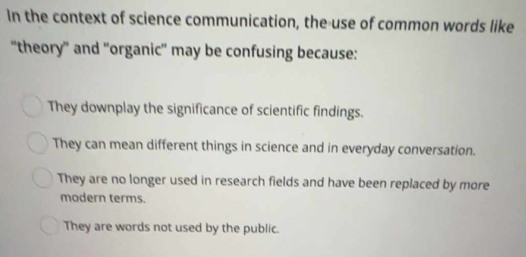 Solved: In the context of science communication, the use of common ...
