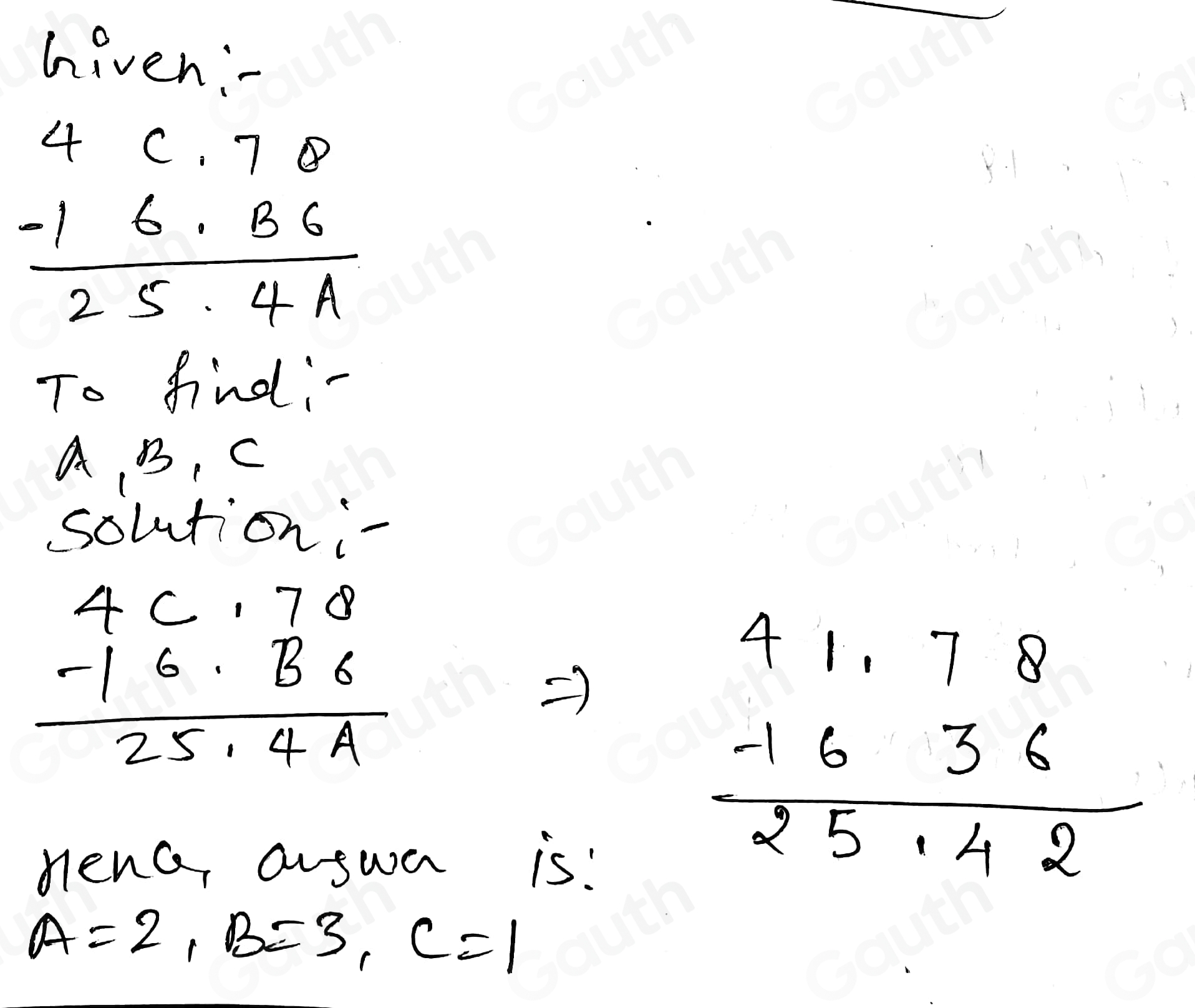 Solved: Which digits replace A, B and C in the boxes? frac 3/4 overline C . 7 8- 6.48 62.5.4 (A ...