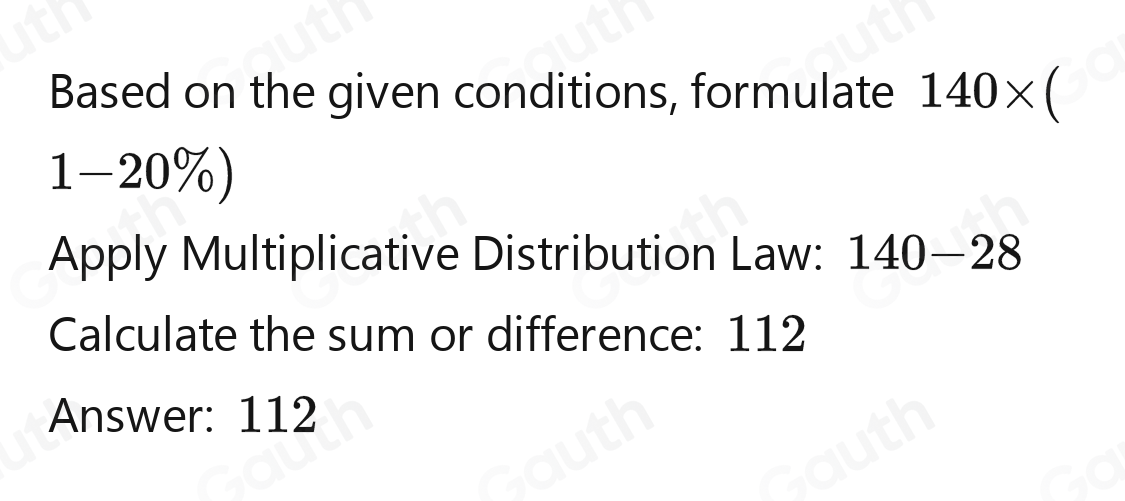 Solved: Decrease 140 by 20% [Math]