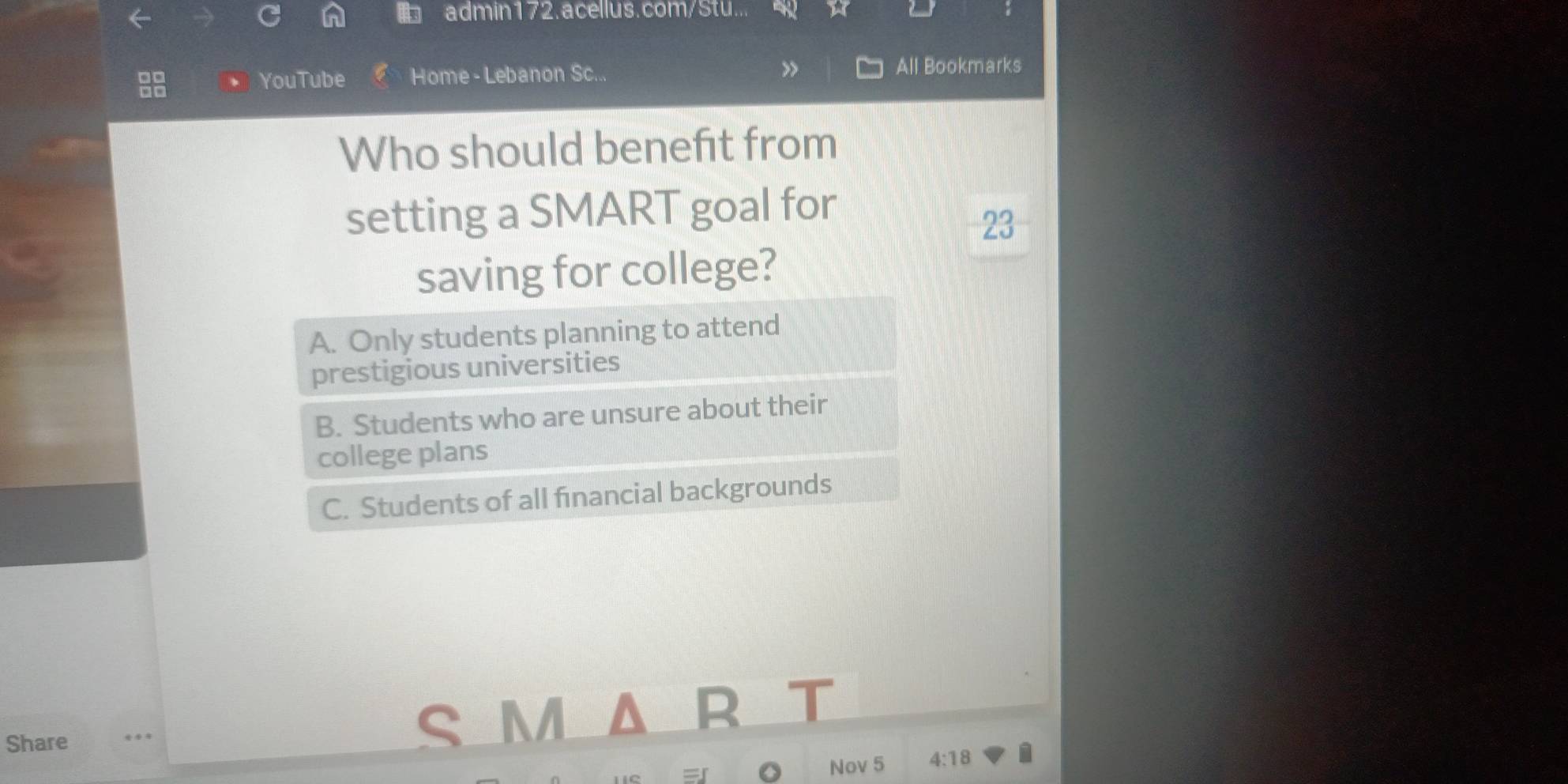 Solved: admin172.acellus.com/Stu.. YouTube Home - Lebanon Sc... All ...