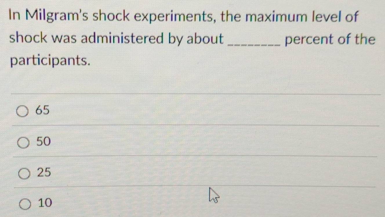 Solved: In Milgram's shock experiments, the maximum level of shock was ...