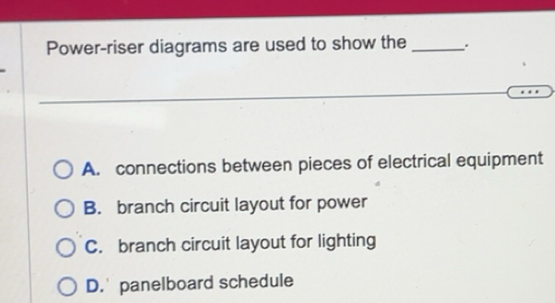Solved: Power-riser diagrams are used to show the _. B. branch circuit ...