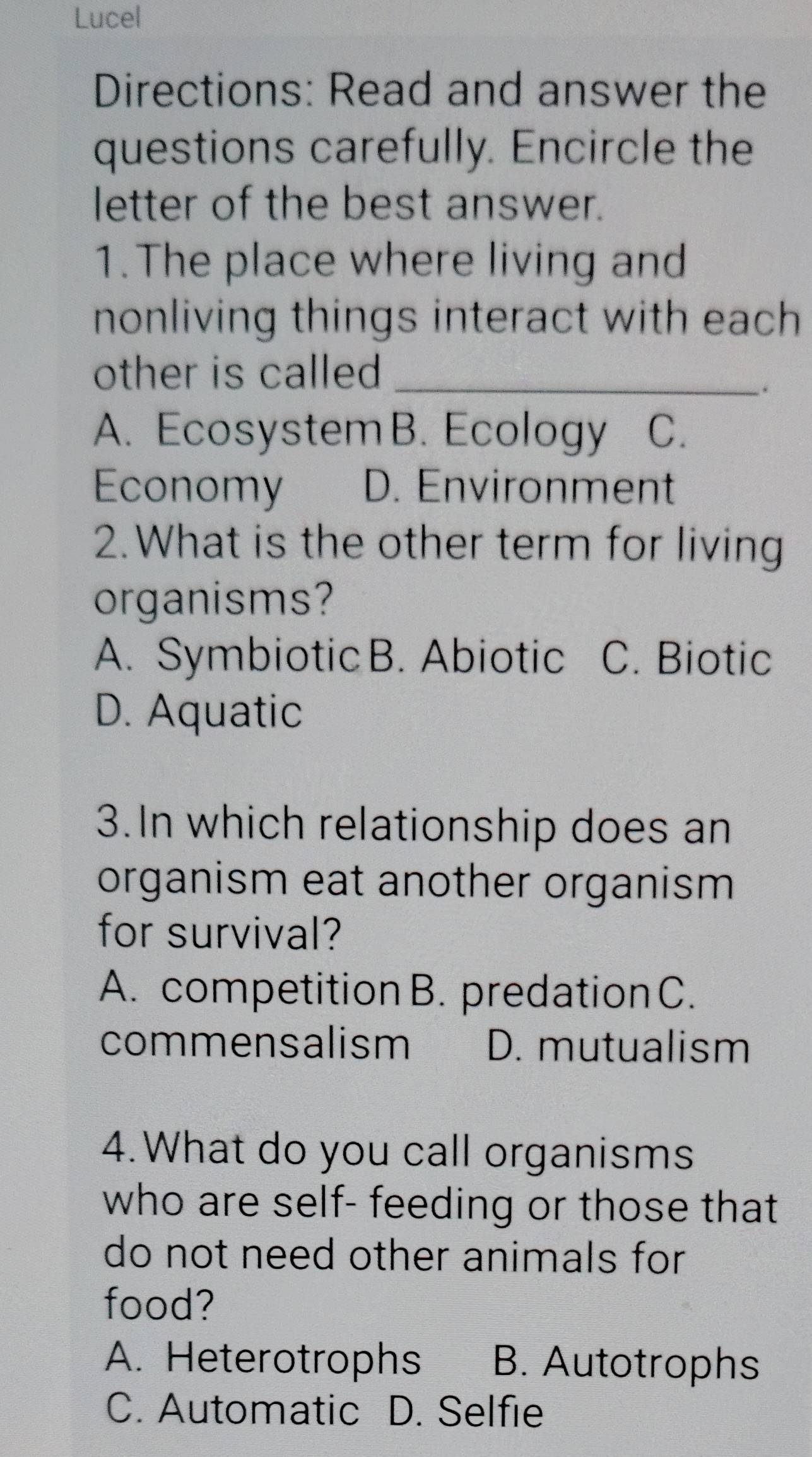 Solved: Lucel Directions: Read and answer the questions carefully ...