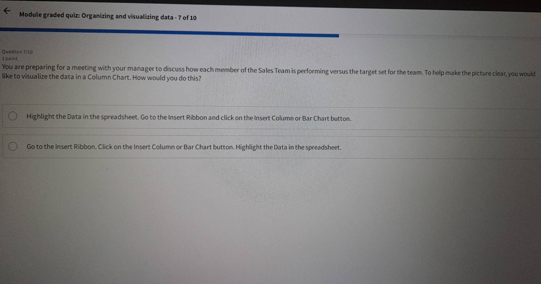 Module graded quiz: Organizing and visualizing data - 7 of 10 Question 7/10 1 point You [Business]