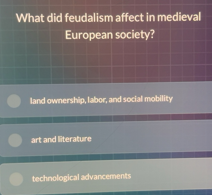 Solved: What did feudalism affect in medieval European society? art and ...