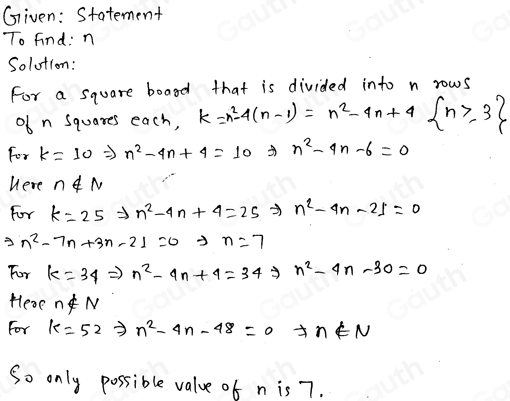 Solved: On a square gameboard that is divided into n rows of n squares ...