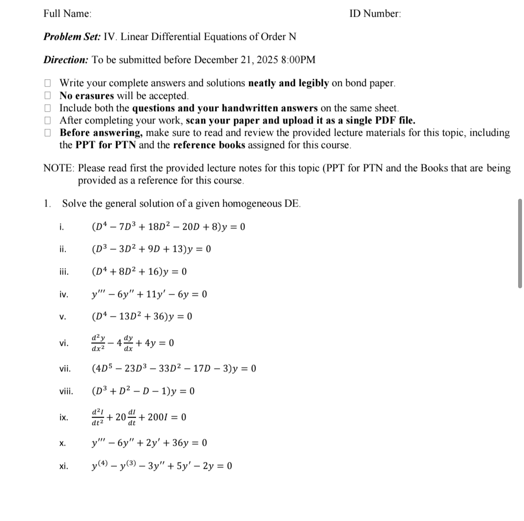 Solved: Full Name: ID Number: Problem Set: IV. Linear Differential ...